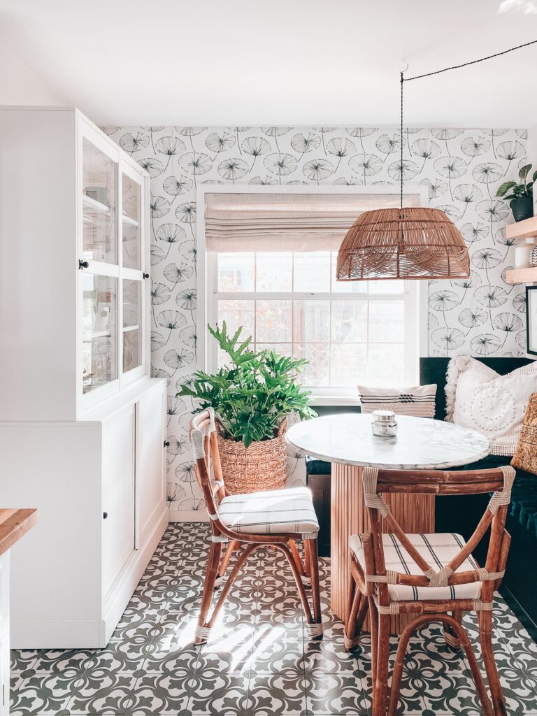 Cozy Eclectic Kitchen- Floral Wallpaper and Window Seat - Blushing ...