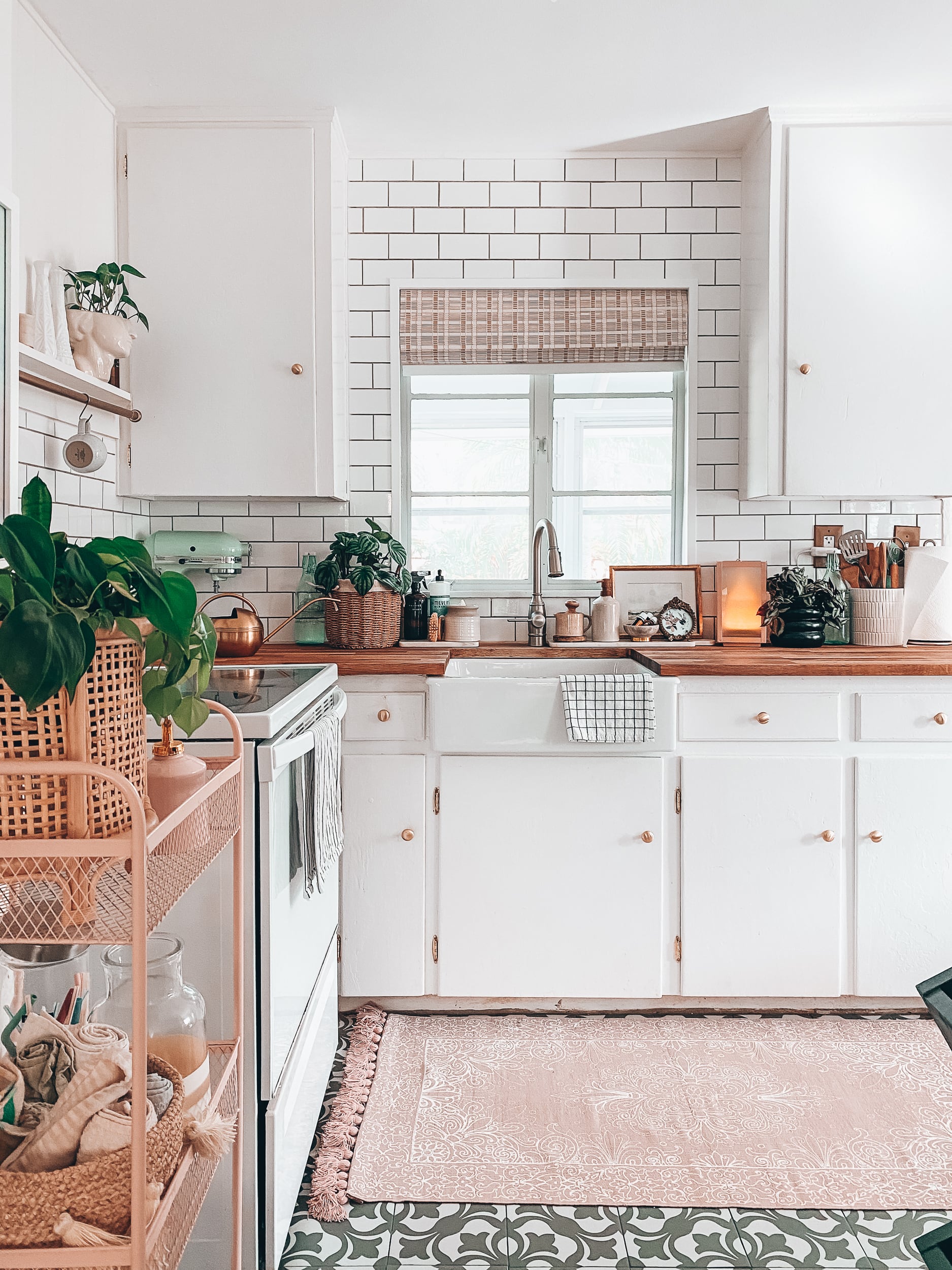 Cozy Eclectic Kitchen- Floral Wallpaper and Window Seat - Blushing ...