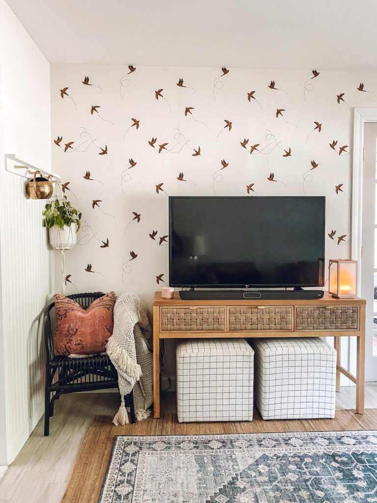 Bird Wallpaper Living Room Makeover - Blushing Bungalow | So Cute You ...