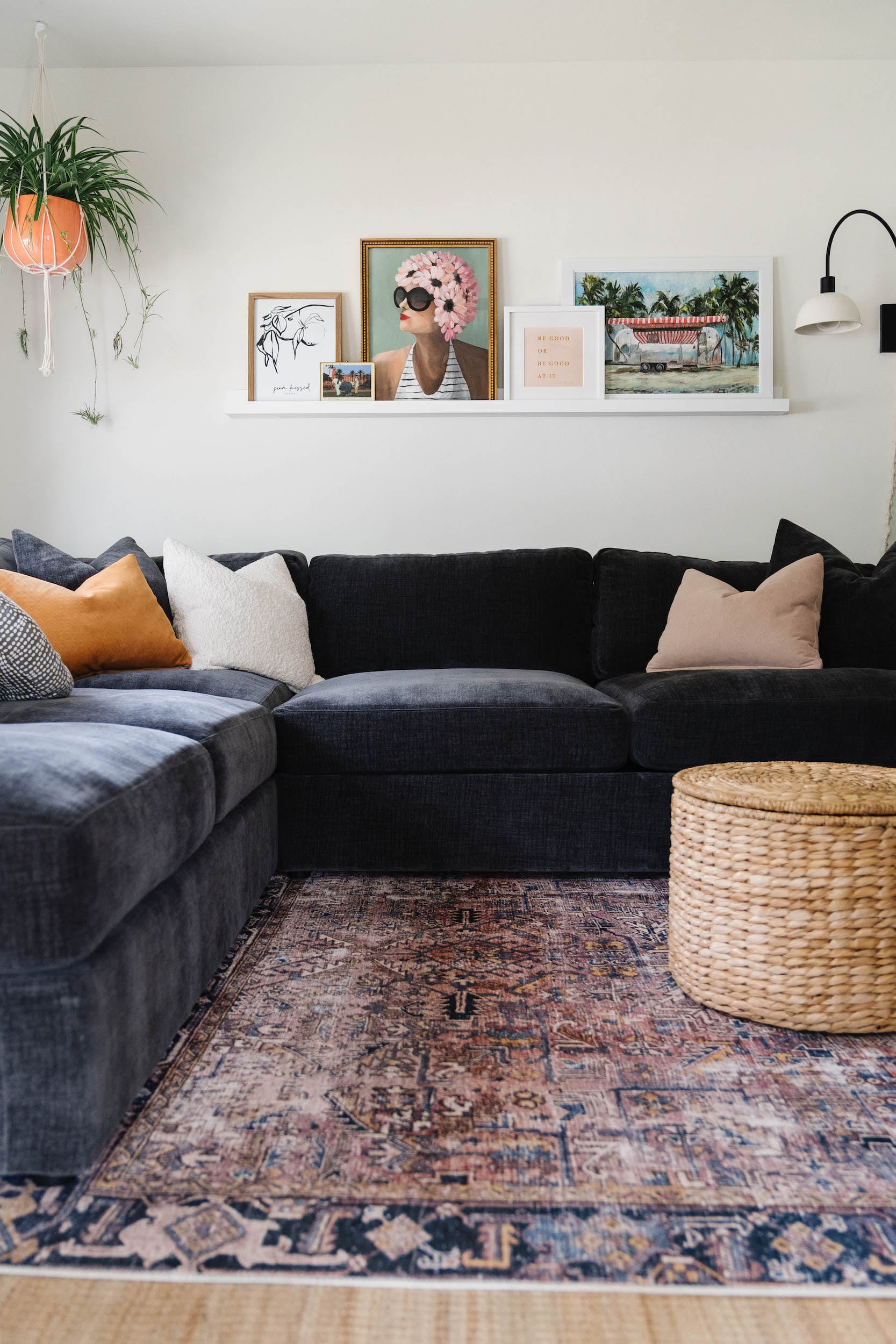Small Cozy Living Room with Black Sofa - Blushing Bungalow | So Cute ...